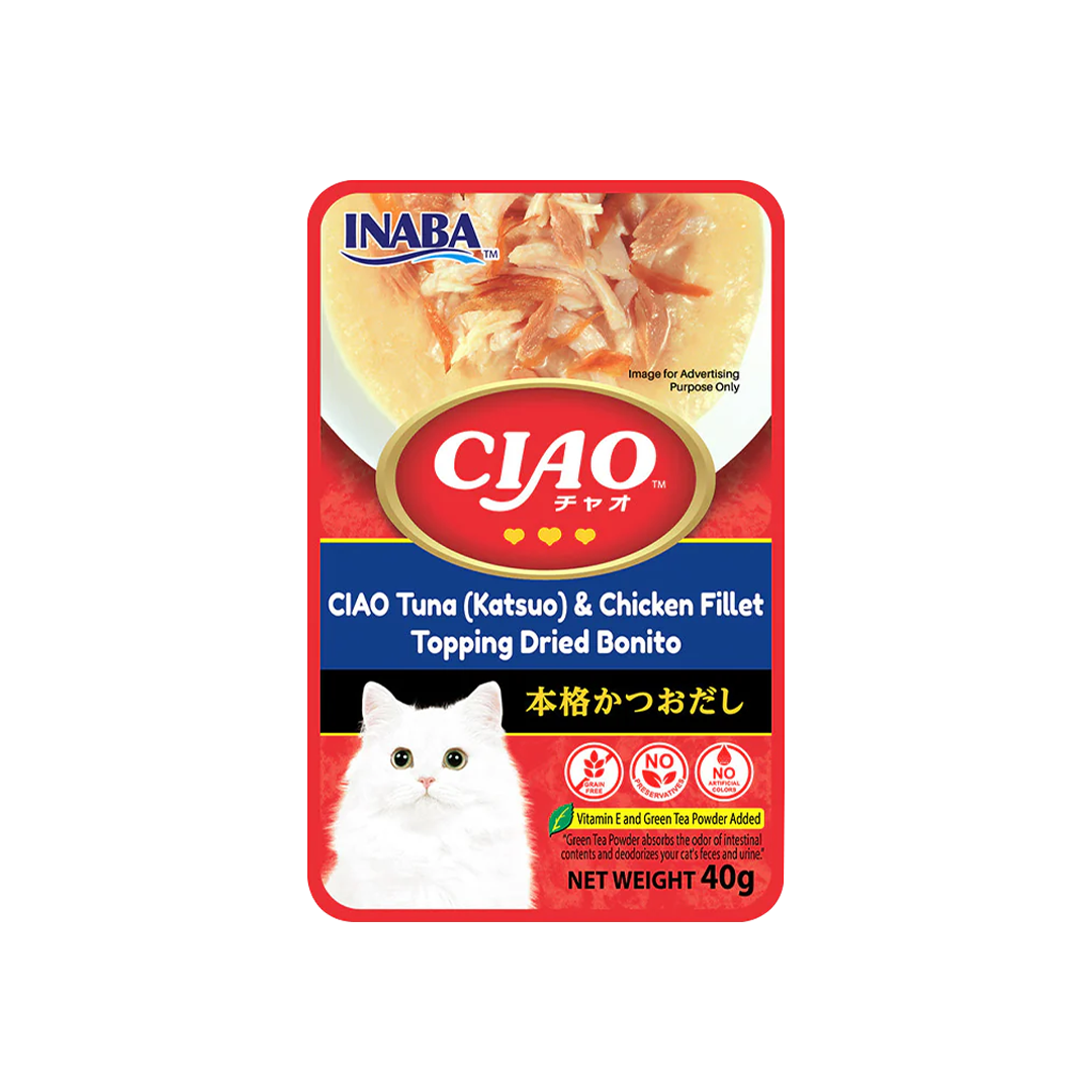 CIAO Cat Pouch Soup Tuna (Katsuo) & Chicken Fillet Topping Dried Bonito 40g
